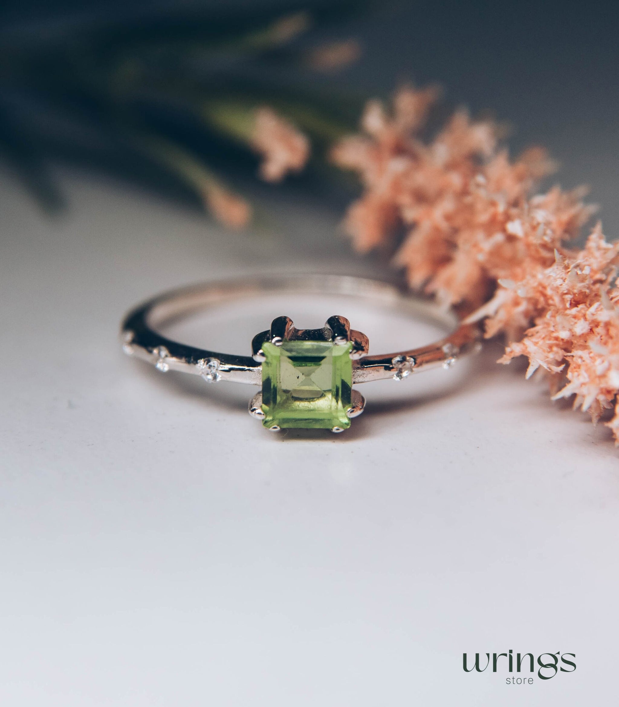 Central Square Peridot Side Stone Ring Sterling Silver