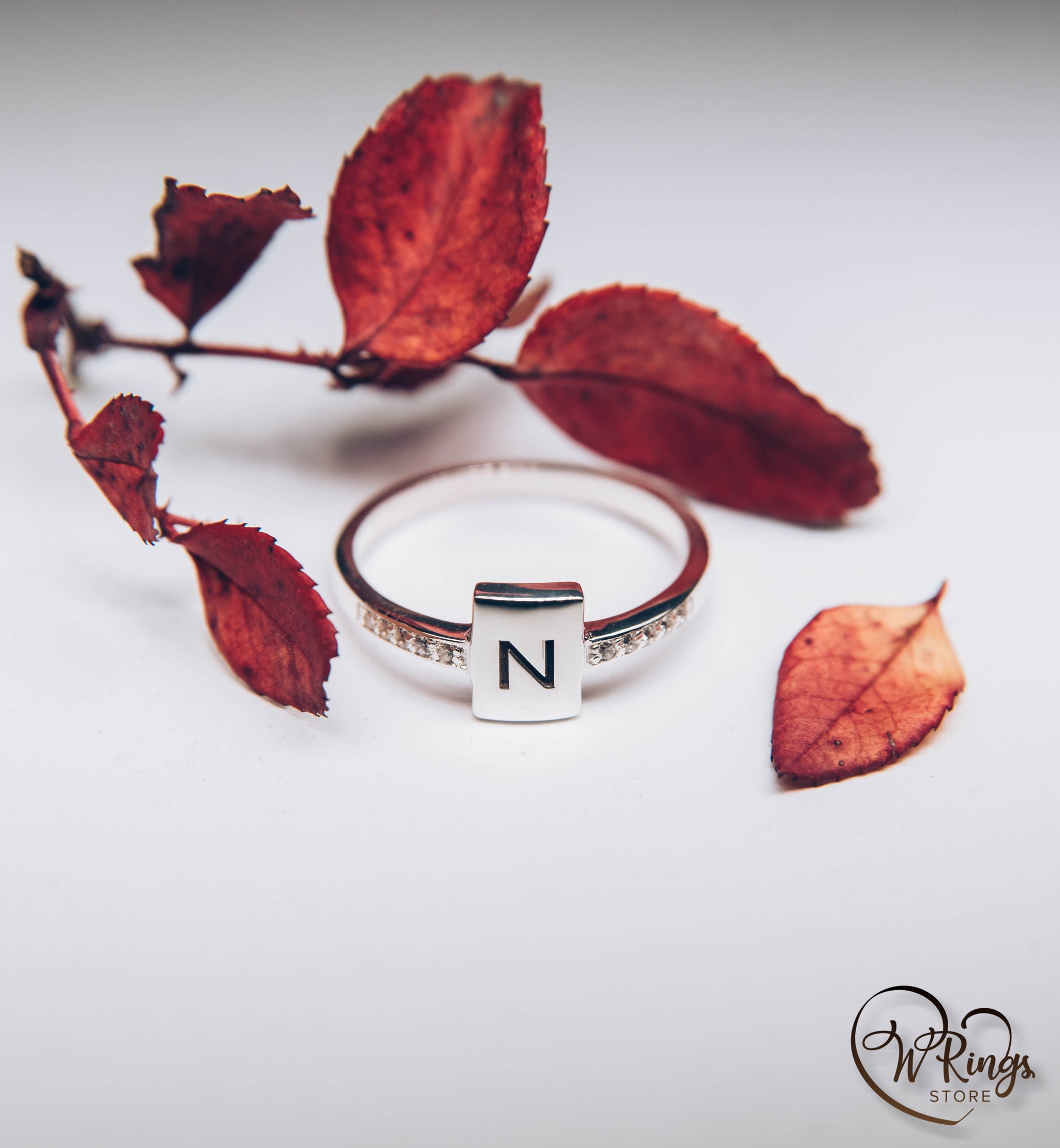 Women's Custom N Letter Signet Ring in Silver & Side Stones