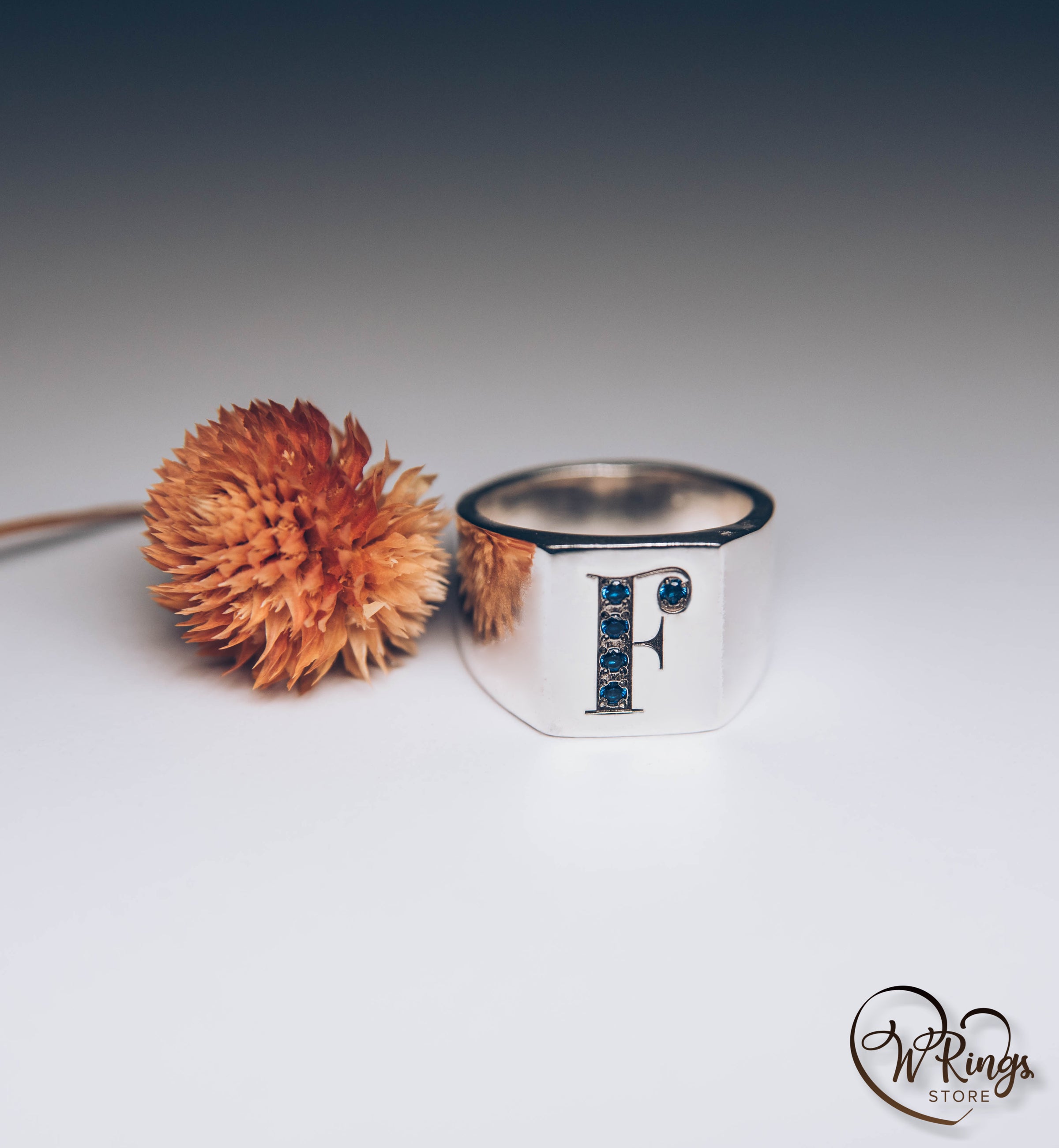 Square shape & Custom Letter F with Sapphires Signet Ring