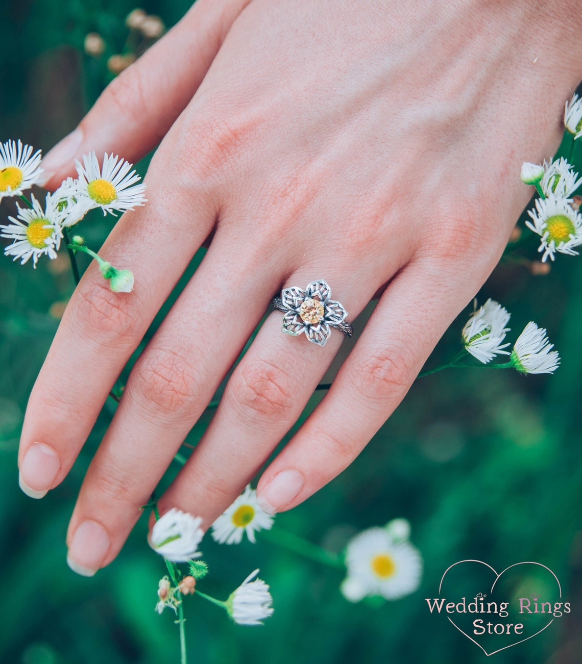 Silver Daffodil Ring with Citrine Gemstone | Wrings